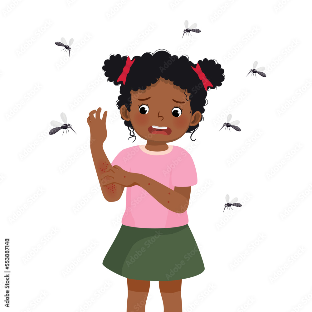 cute little African girl scratching her itchy rash and swelling arm ...