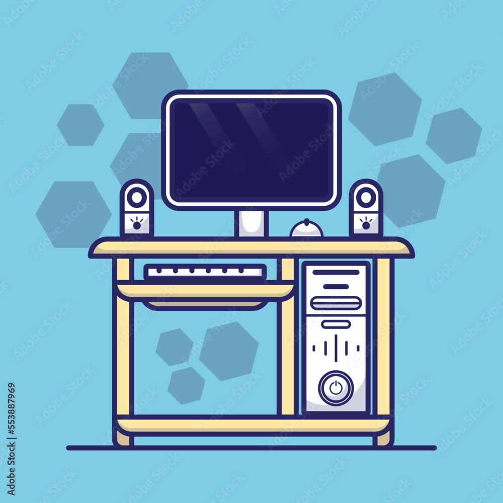 Computer desk simple cartoon illustration. interior concept. Isolated ...
