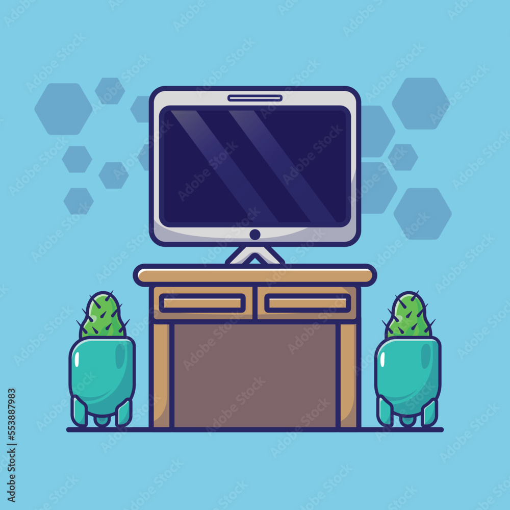 Simple cartoon illustration of computer on desk. interior concept ...