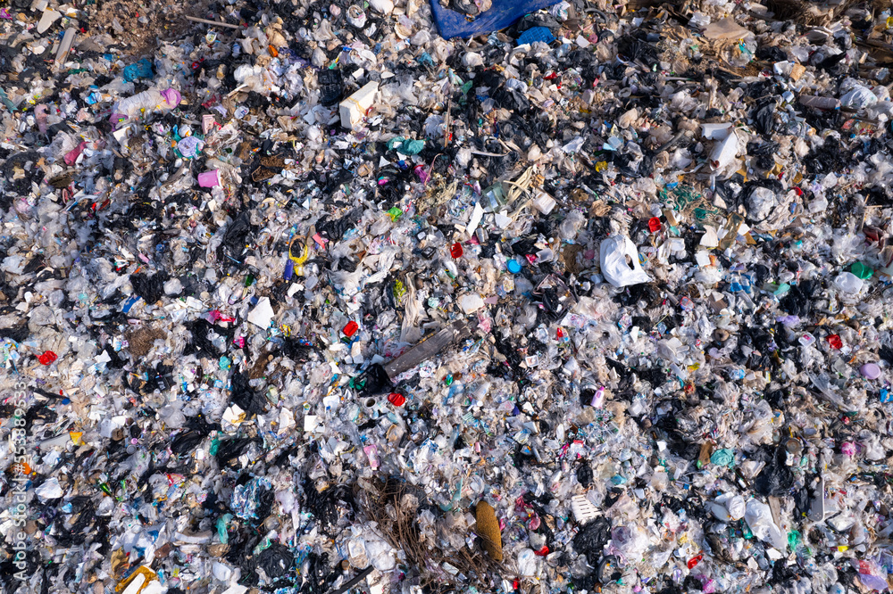 Aerial view. A pile of rubbish. Plastic bottles and lots of rubbish ...