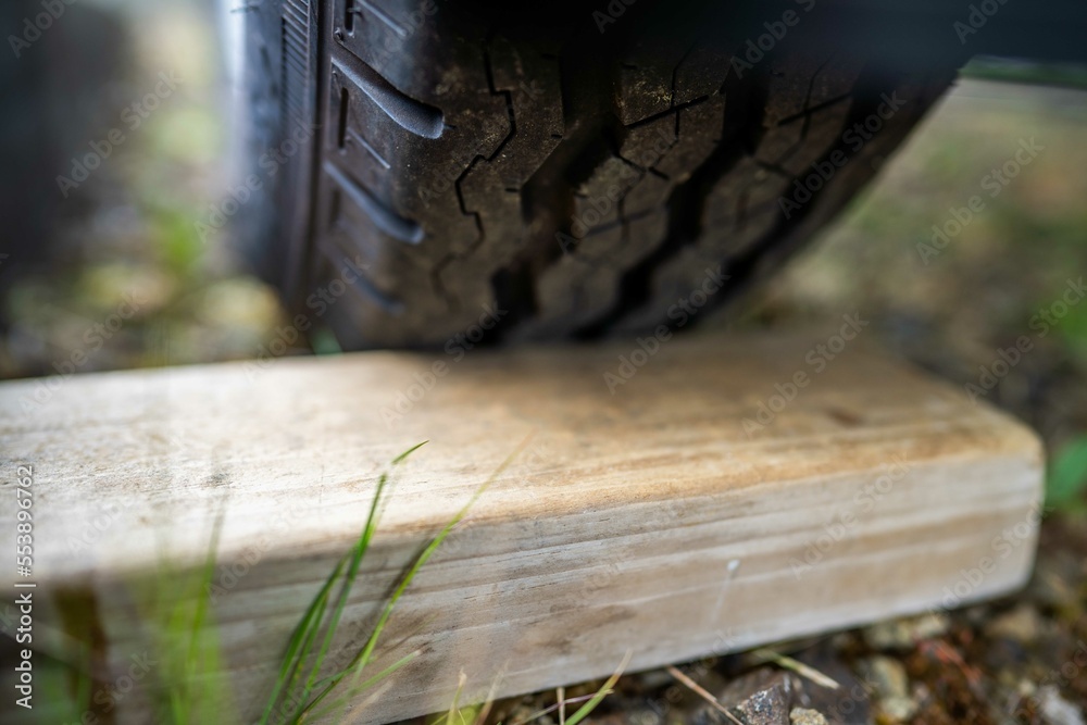 wood chocks for a caravan and camping. chocks behind a tyre. camping ...