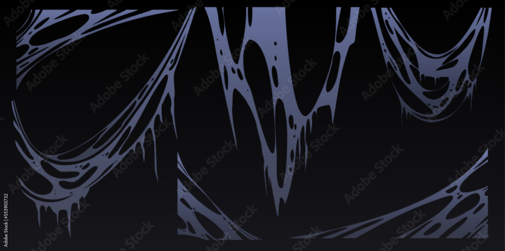 Spooky Halloween set of spiderweb in dark. Scary old dirty spider web ...