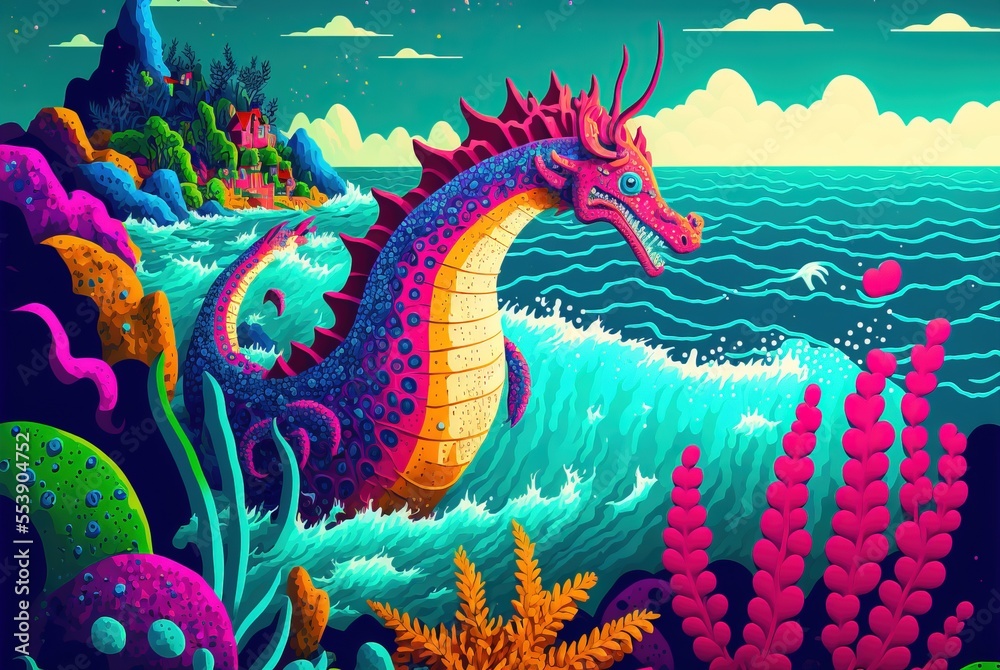 Colorful giant seahorse aquatic dragon creature in the ocean - mythical ...