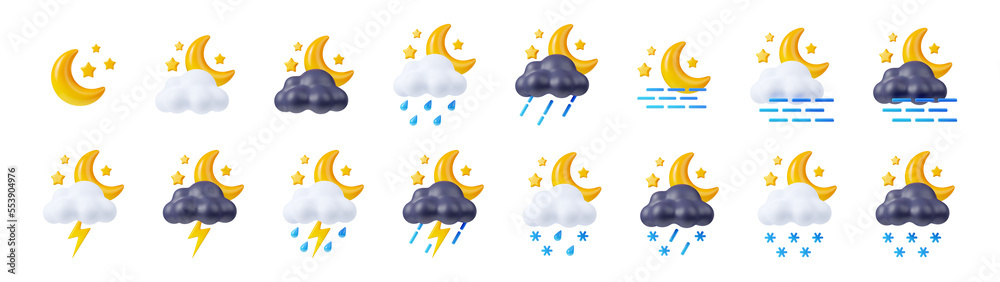Weather icons, meteorology forecast for night in summer and winter ...