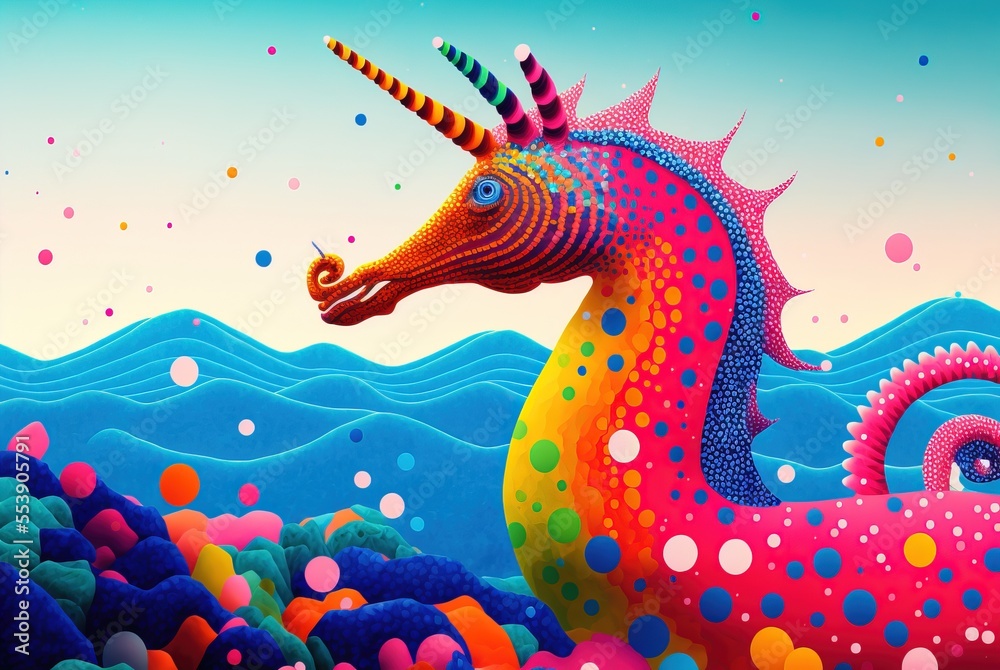Colorful giant seahorse aquatic dragon creature in the ocean - mythical aquatic sea monster ...