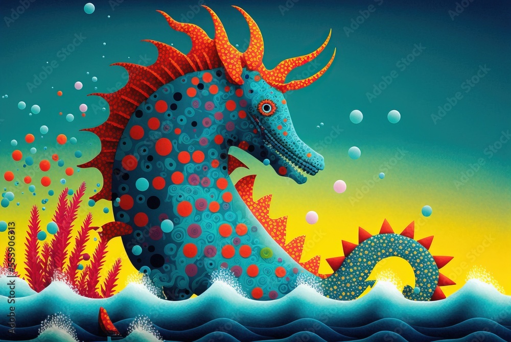 Colorful giant seahorse aquatic dragon creature in the ocean - mythical aquatic sea monster ...