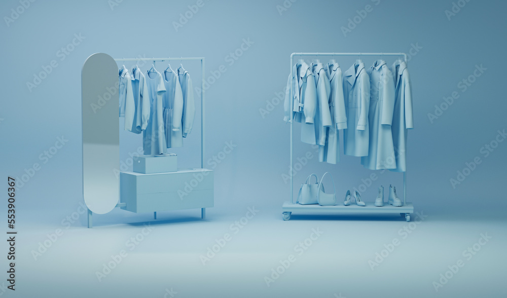 Clothes and sofa on blue background, shelf on cream background ...