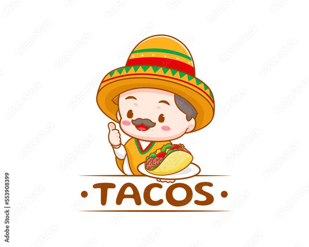 Tacos logo cartoon illustration. Cute chef wears sombrero hat holding ...