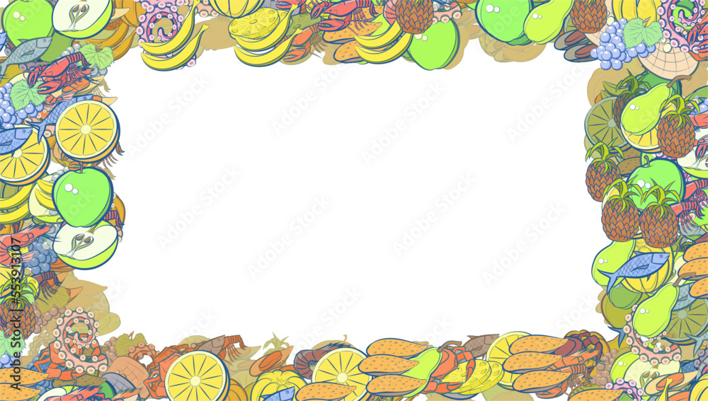 Background pattern abstract design texture. Seafood and Fruits. Border ...