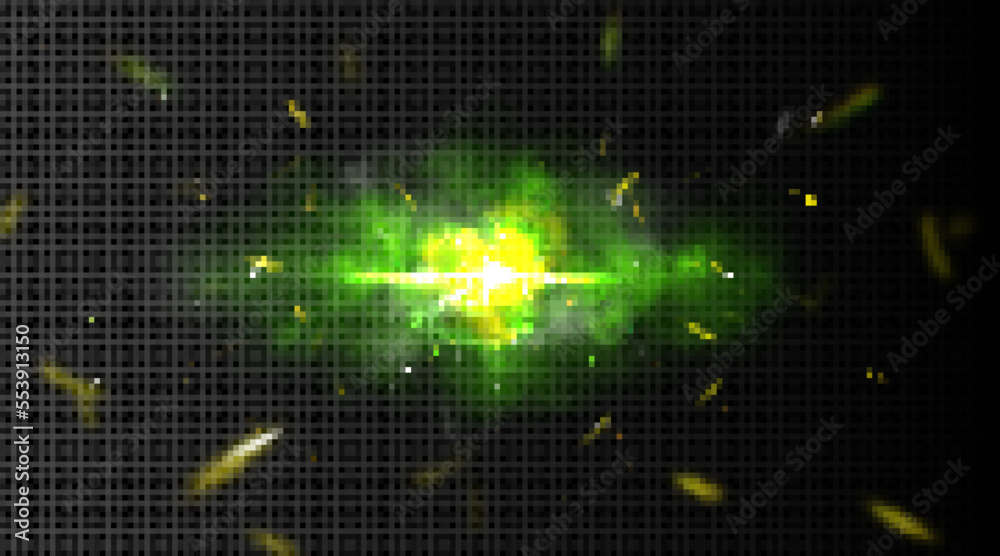 Explosion effect with sparks, green light and smoke. Bomb explode with ...