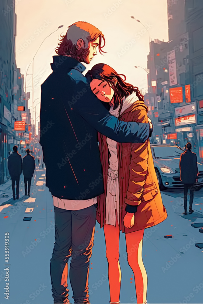 Beautiful loving young couple embracing while standing on a street in ...