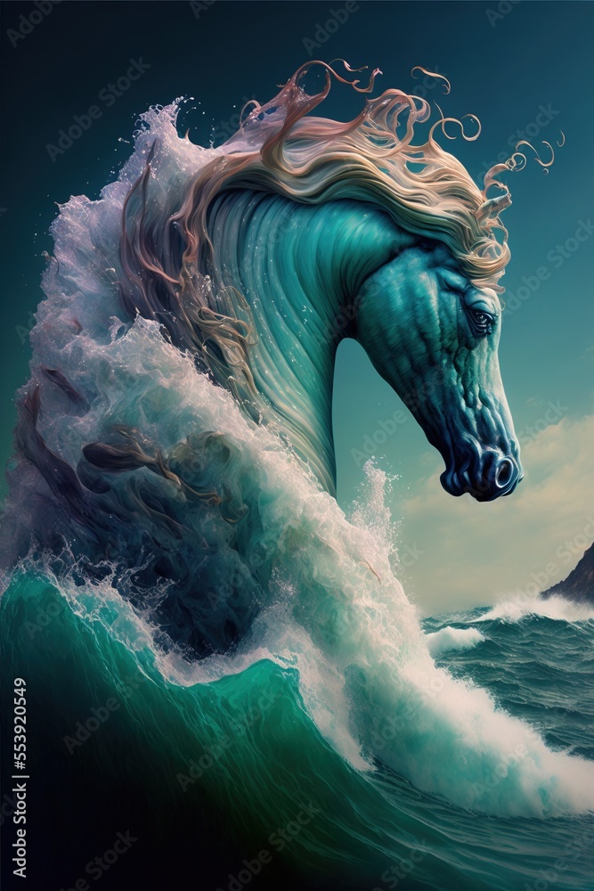 Unique fantasy sea horse creature rising from the ocean depths, ancient ...