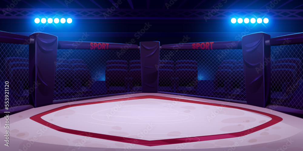 Empty boxing ring with ropes, illuminated with bright spotlights ...