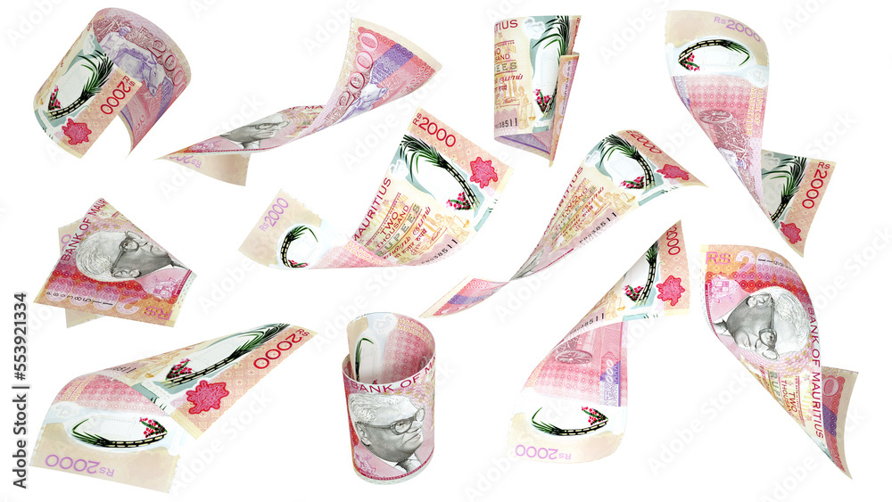 3D rendering of 2000 Mauritian rupee notes flying in different angles ...
