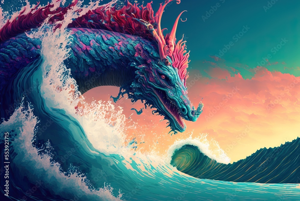 Unique fantasy sea horse creature rising from the ocean depths, ancient ...