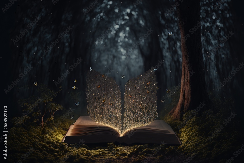 Open book revealing the magical forest. Eco concept. Generative AI ...
