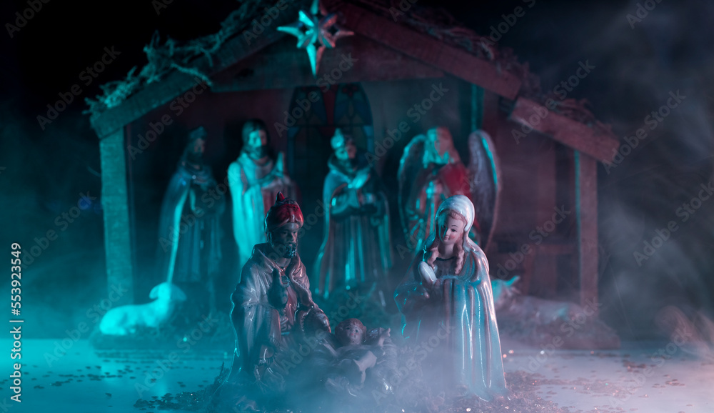 Nativity scene. Christmas Christian nativity scene with Jesus in the ...