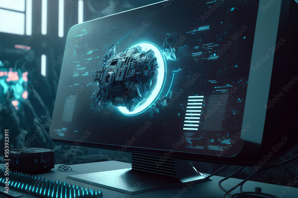 Cyberpunk super computer with neon light, futuristic computer engine ...