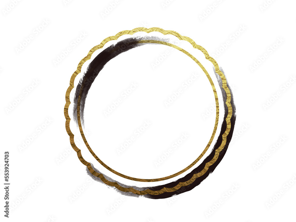 Golden abstract circle frame, double ring, contrast black paint brush ...