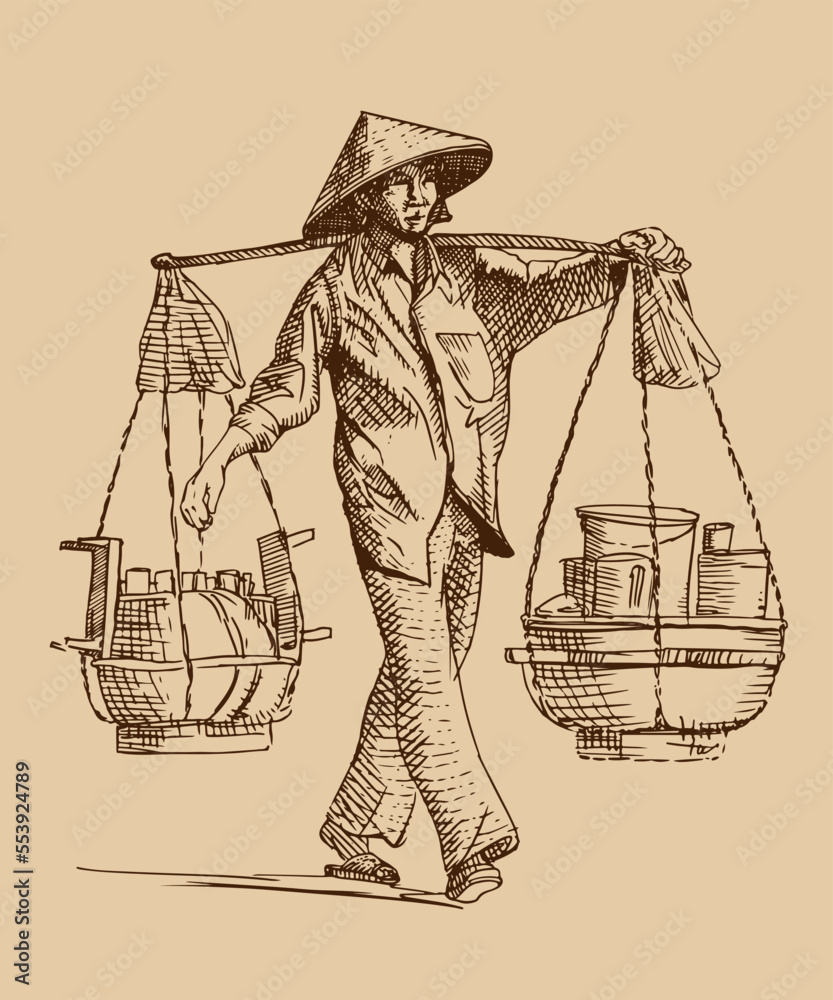Poster Woman in vietnamese hat carrying yoke on her shoulder – Wall Art ...