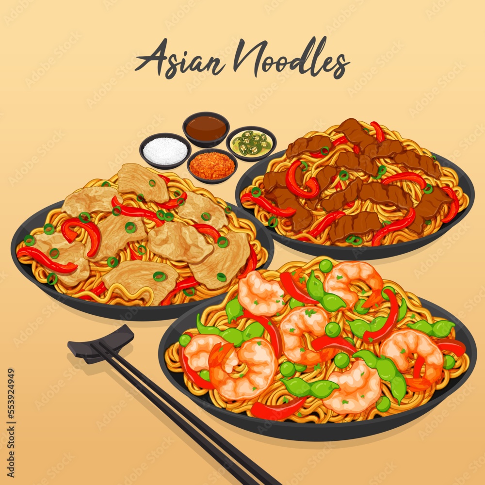Asian stir fry noodles recipe illustration set vector. Chinese stir fry ...