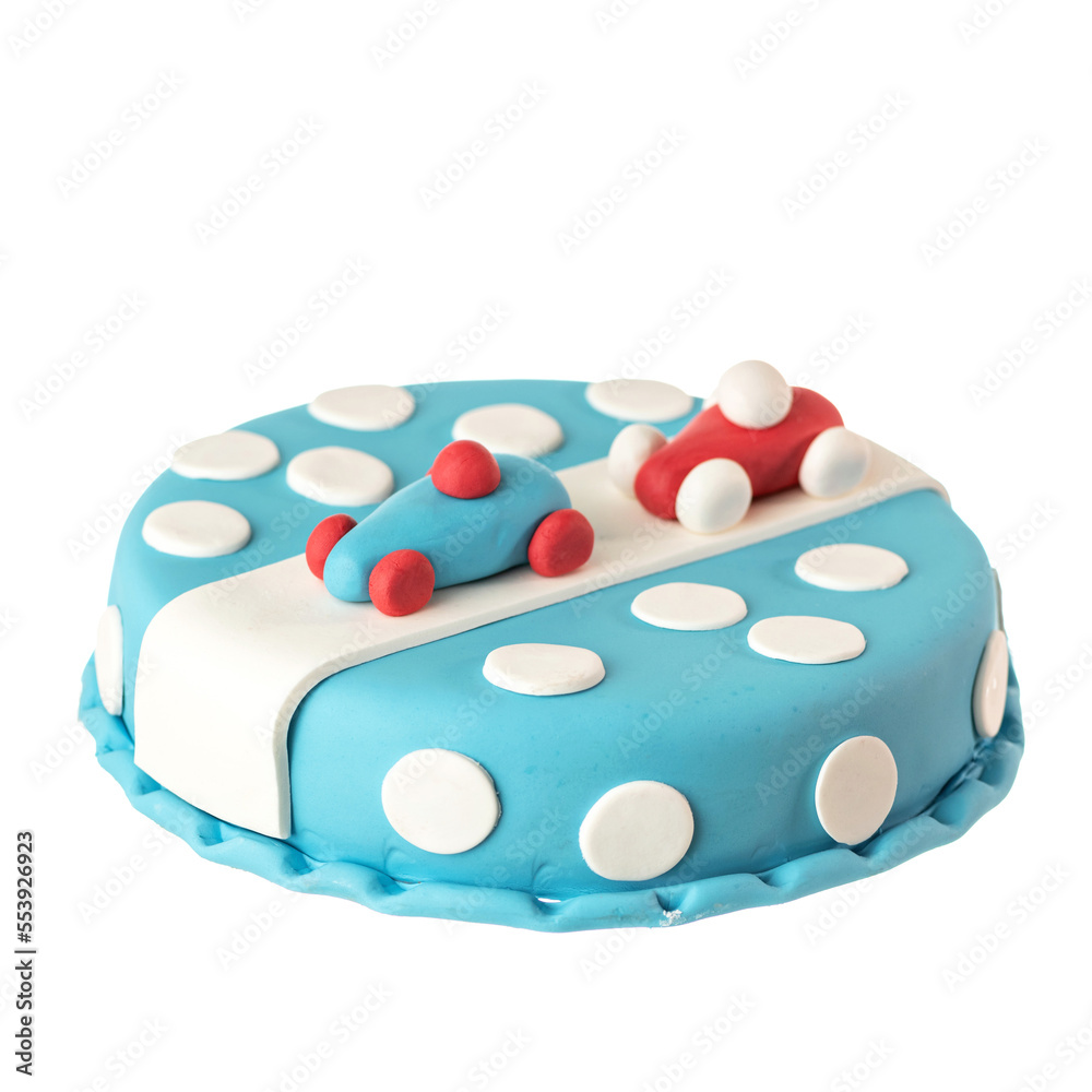 Blue cake for boy with mastic decoration. Birthday cake with cars ...