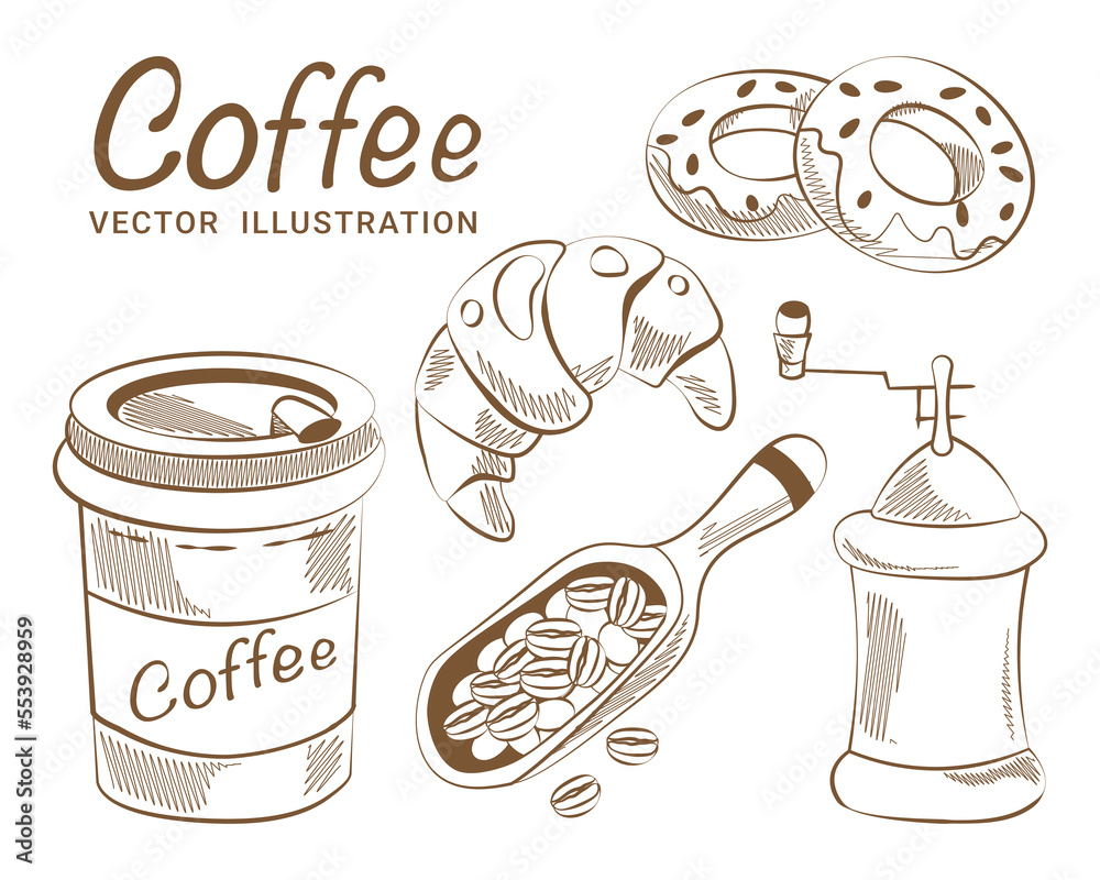 Coffee sketch set hand drawing vector takeaway coffee croissant Stock ...