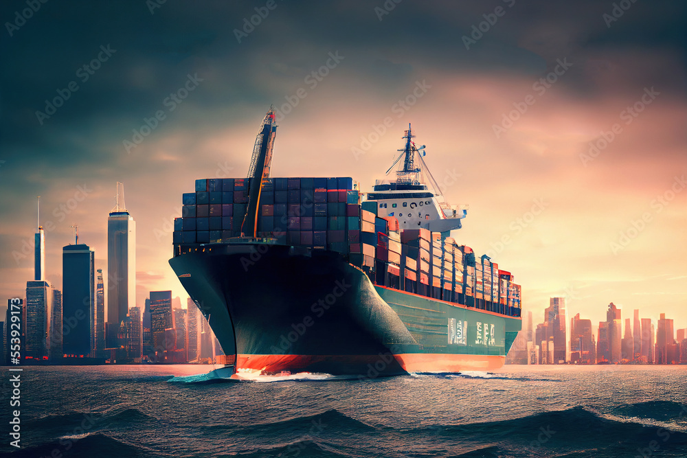 Cargo ship setting sail with city buildings in the background ...