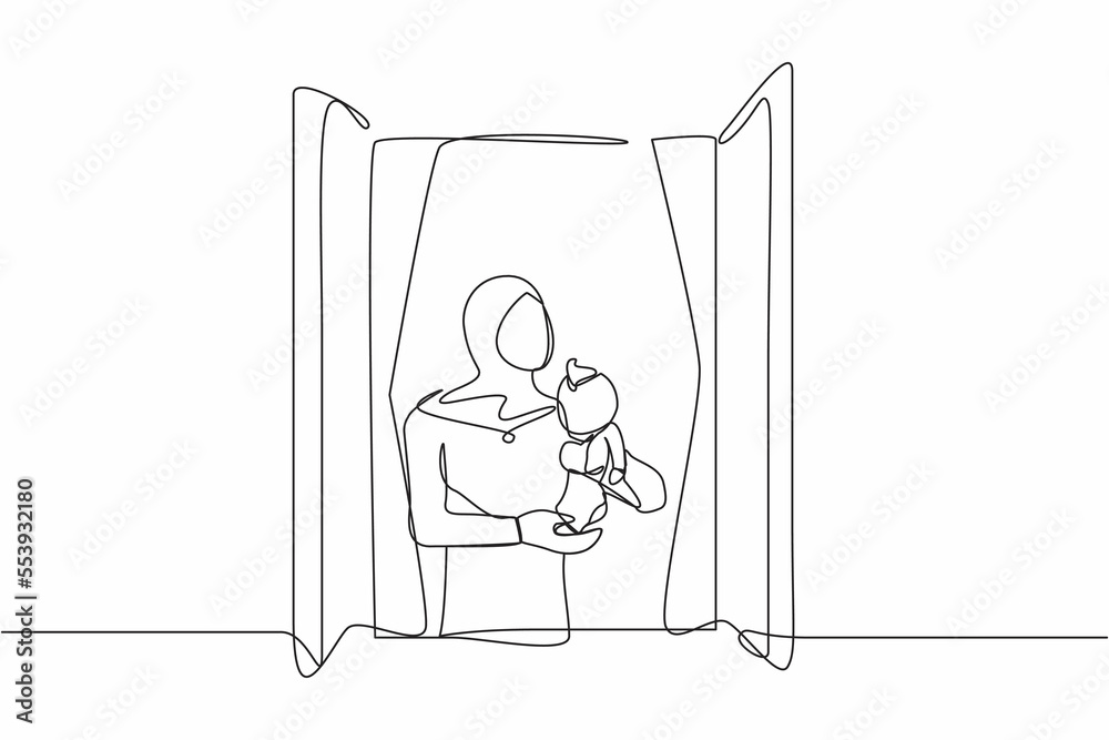Single continuous line drawing Arab female holding newborn baby near ...