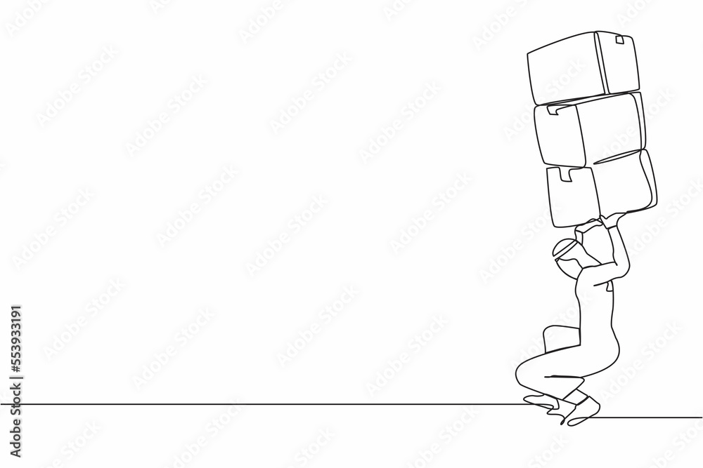 Single continuous line drawing Arabian businessman carrying heavy pile ...