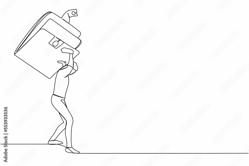 Single one line drawing exhausted businessman carrying heavy wallet on ...