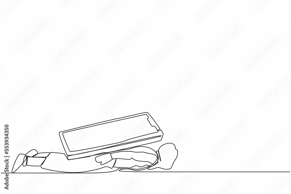 Single continuous line drawing unhappy businesswoman under heavy ...