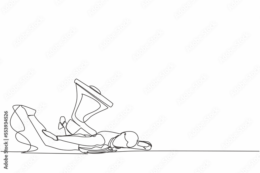 Single one line drawing depressed businessman under heavy megaphone ...