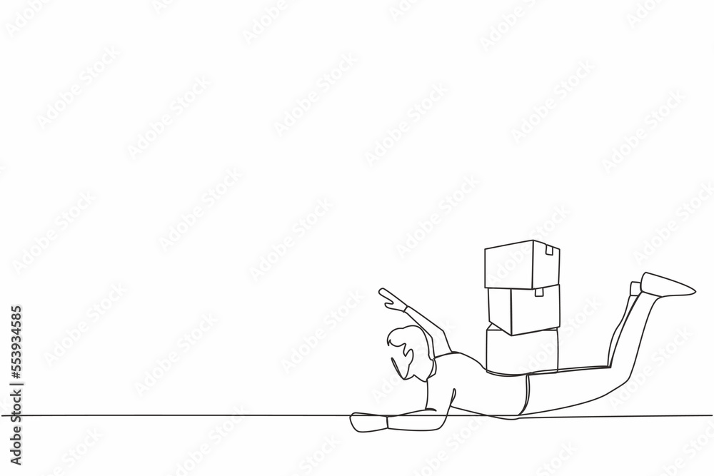 Single continuous line drawing depressed businessman under heavy pile ...
