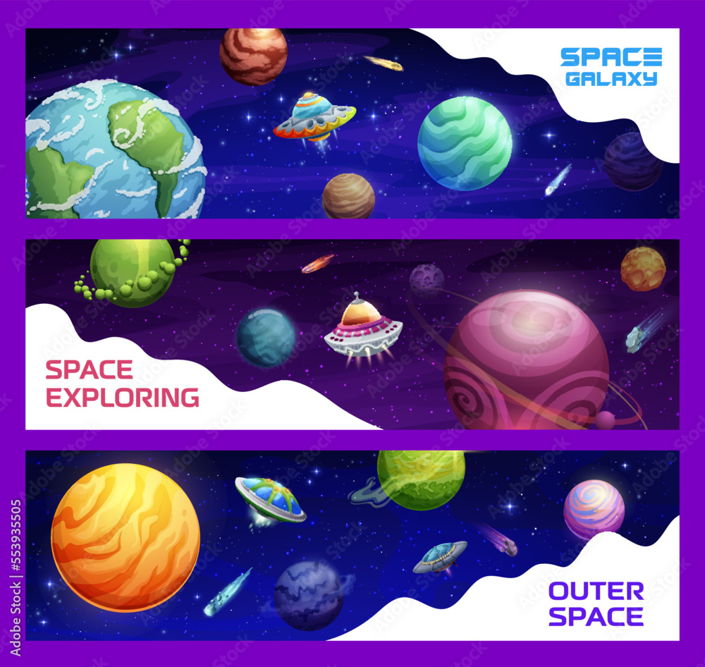 Cartoon space planets and ufo. Vector banners with alien saucers in ...