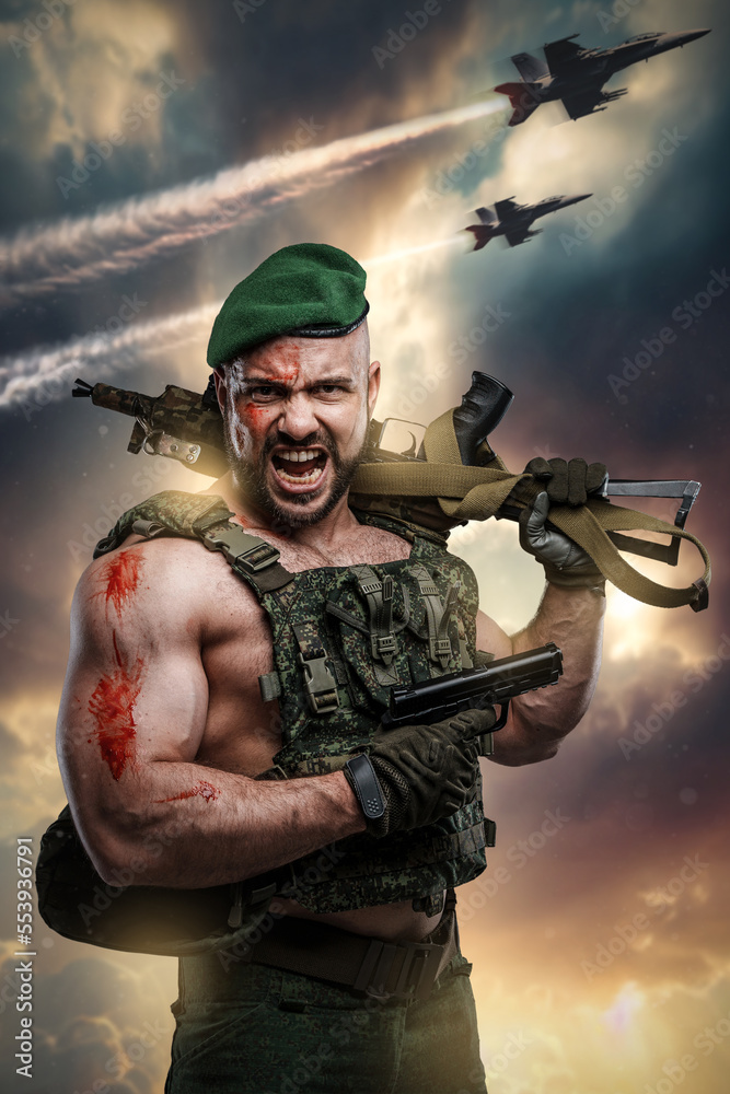 Foto de Art of military man with muscular build and rifle in sky with ...