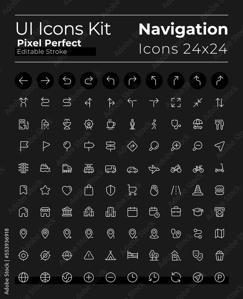 Tracking location pixel perfect white linear ui icons set for dark theme. Isolated user ...