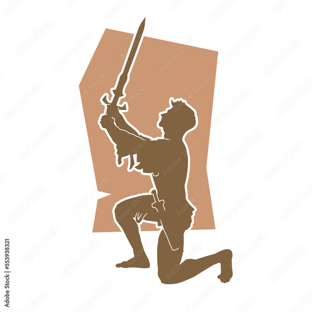 Vector silhouette of a kneeling knight and sword raised overhead. Stock ...