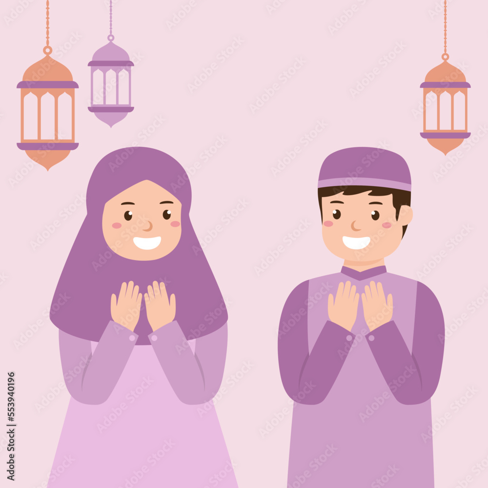 Hand drawn cartoon happy kids Muslim praying character vector design ...