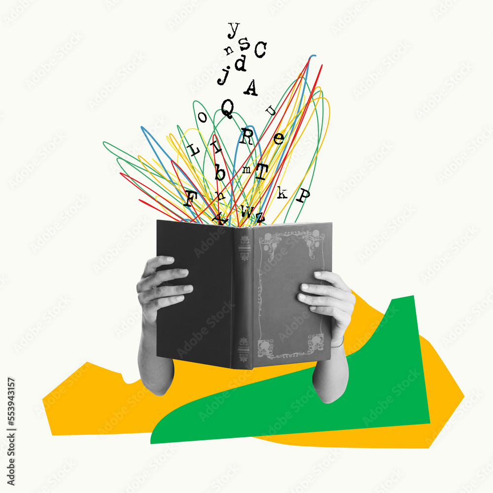 Contemporary art collage. Male hands holding book with letters ...