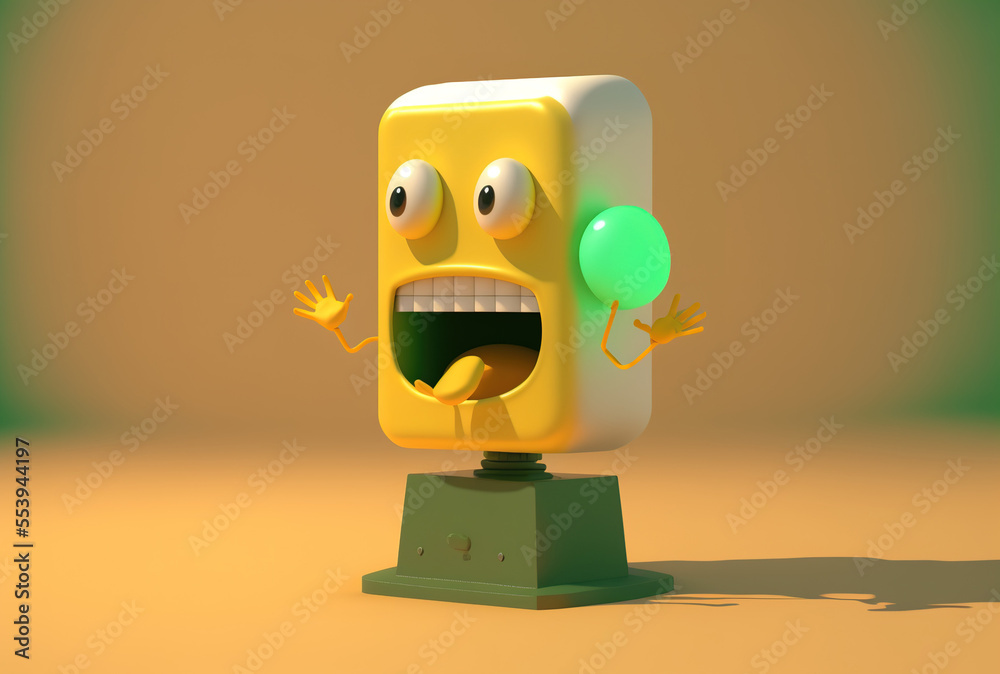 Character mascot with white teeth and a green traffic light on a yellow ...