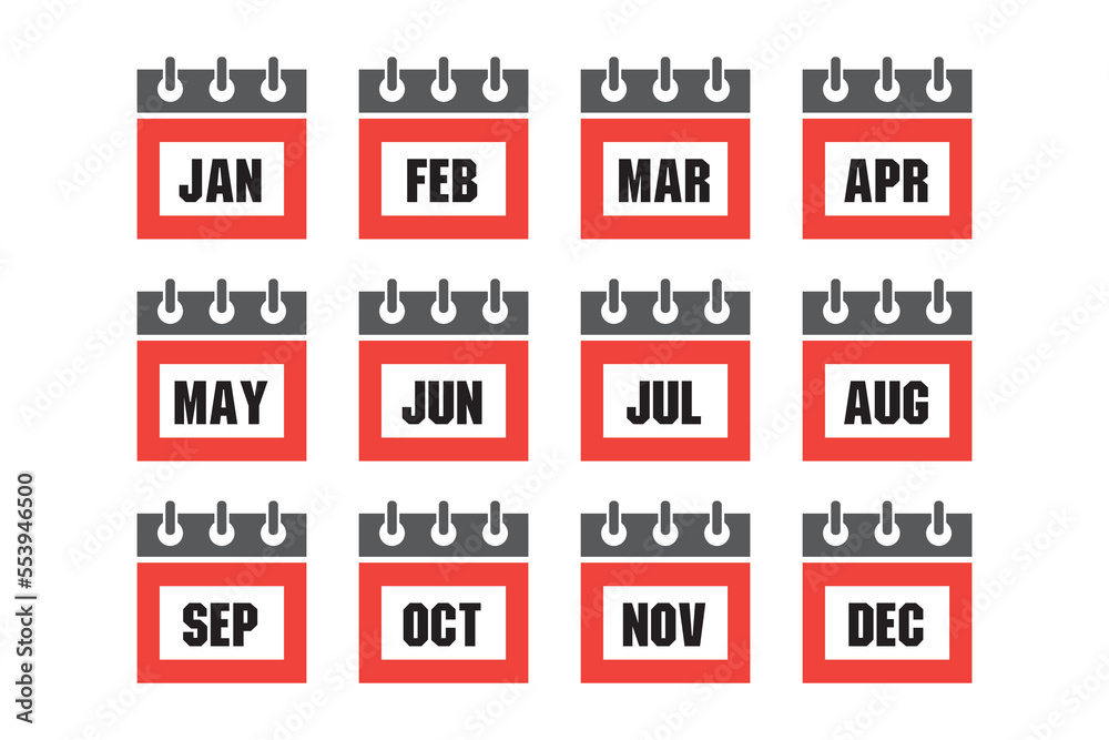 12 month calendar icon set, colored badges for all months of the year ...