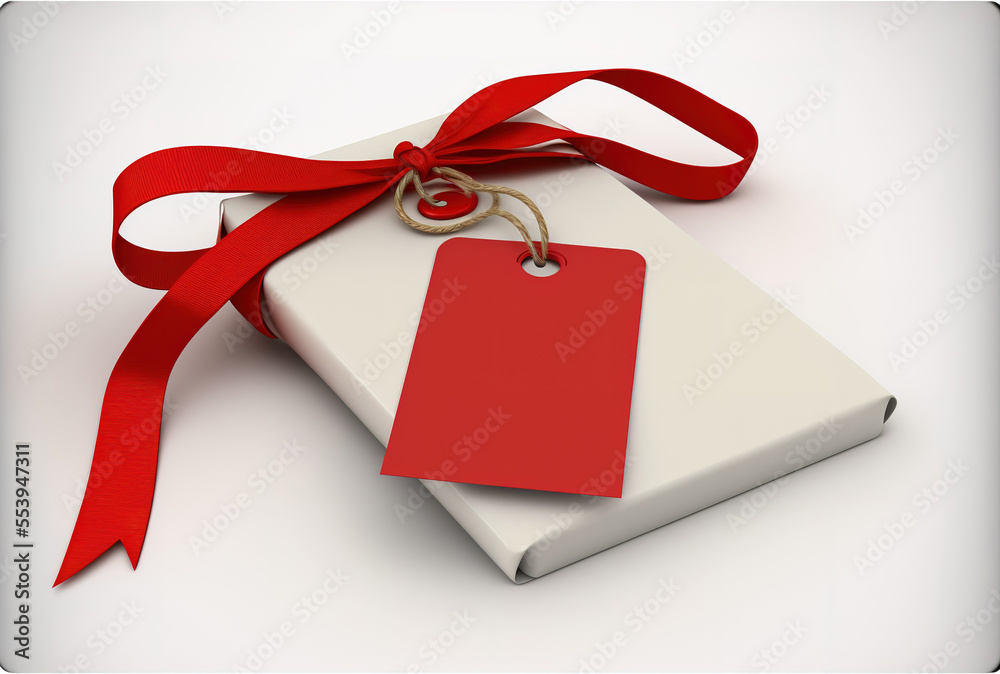 On a white backdrop, a red gift tag or label with a ribbon is shown ...
