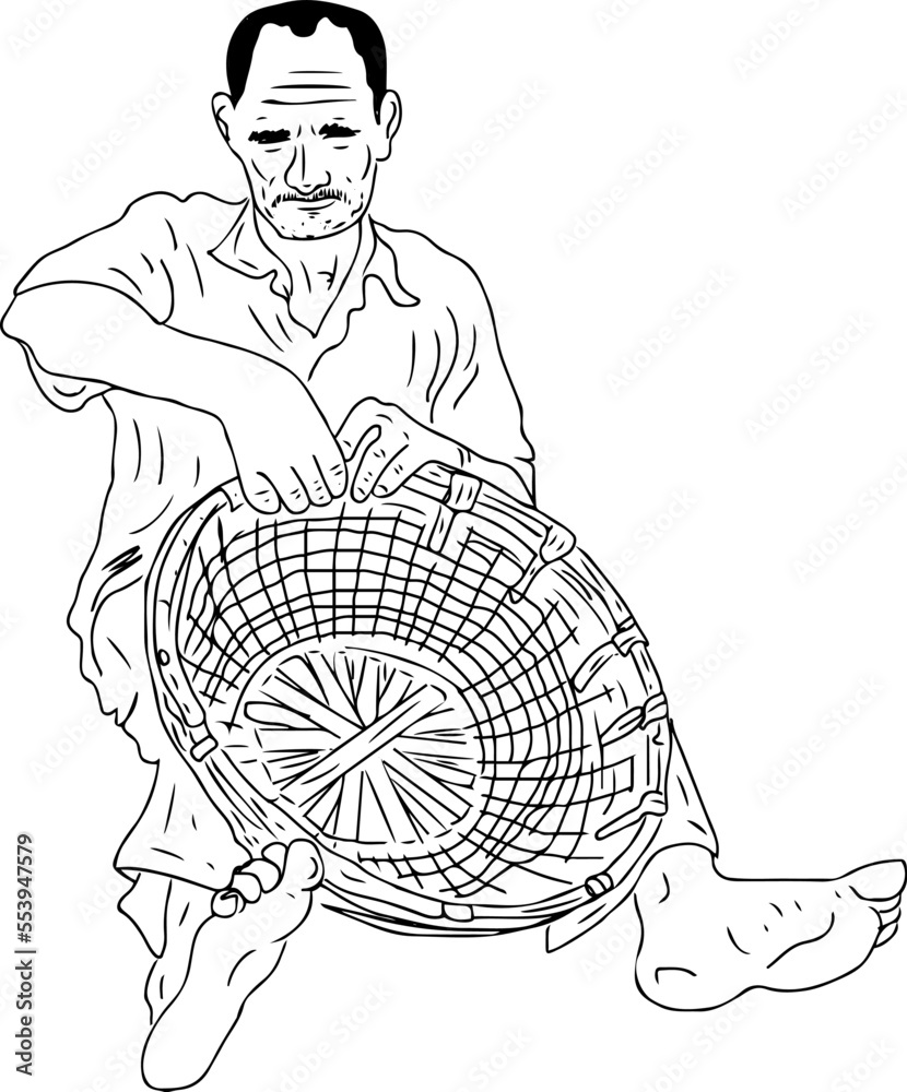 Sketch drawing illustration of Indian village man weaving basket with ...
