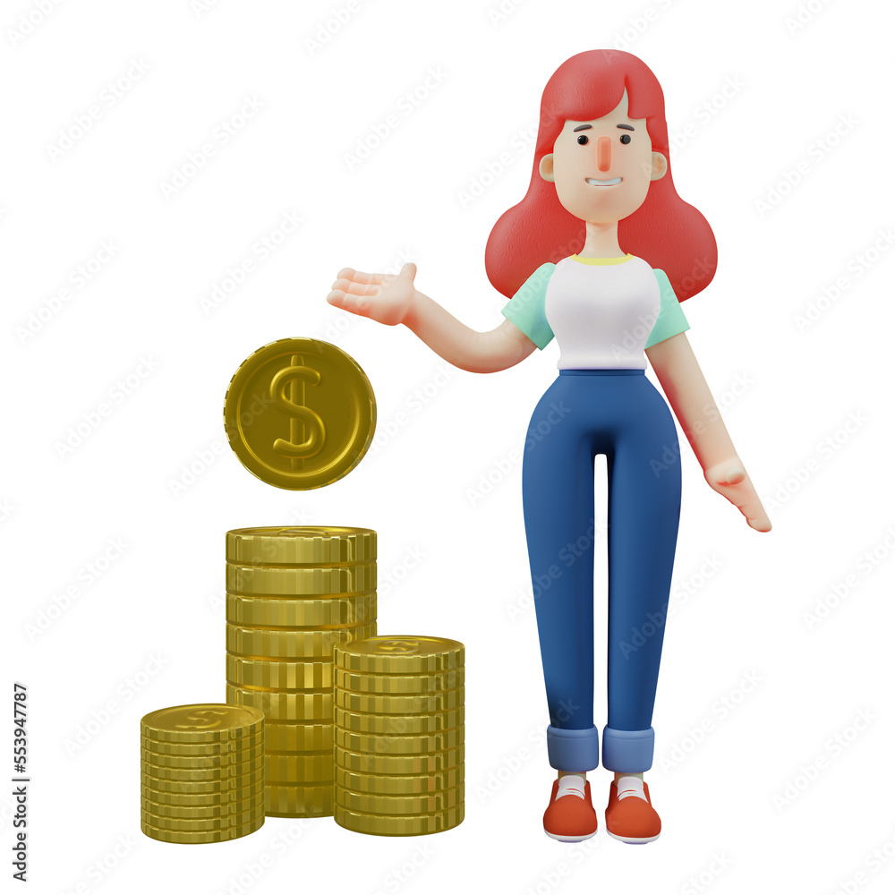 Cute Girl 3D Cartoon illustration showing a pile of gold coins, the ...