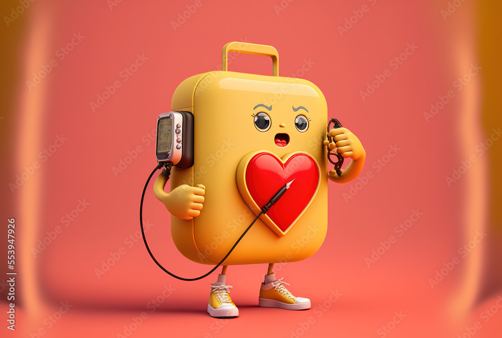 On a yellow background, a red heart cartoon mascot is holding medical ...