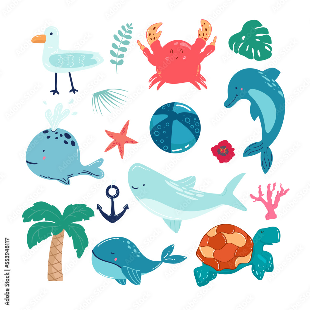 Cartoon sea animals. Cute ocean fish, octopus, shark and turtle ...