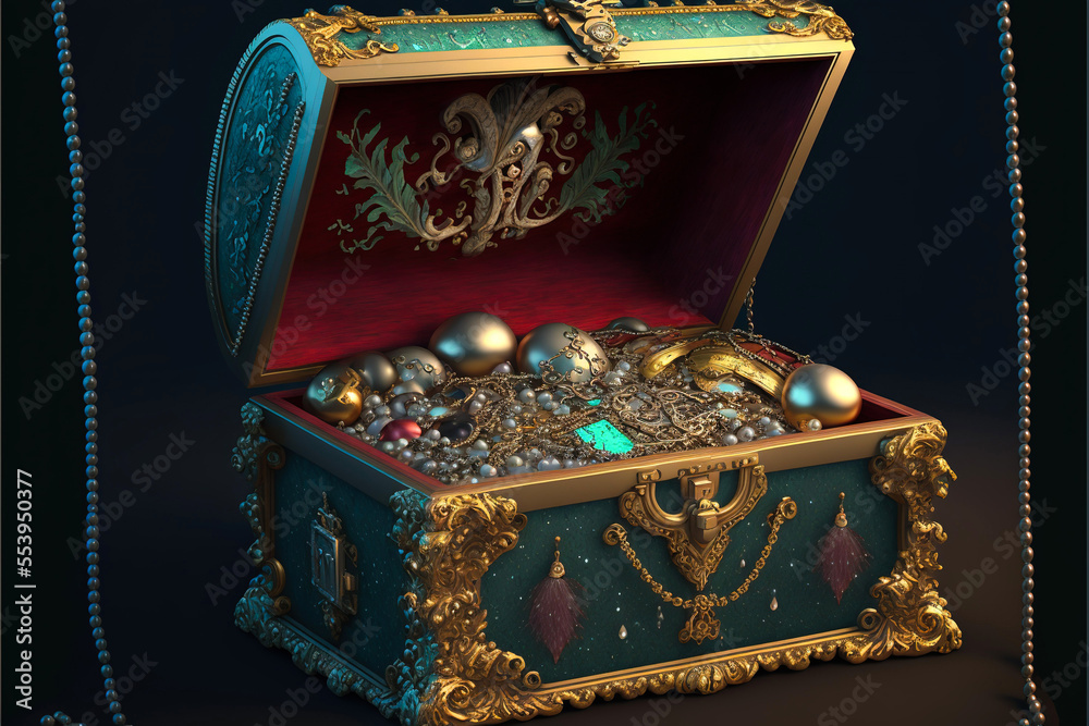 Fantasy open treasure chest with gold and jewelry, concept art ...