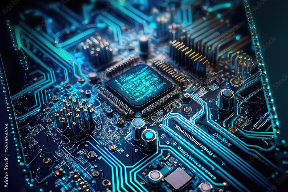 Blue microchip on computer motherboard as digital background ...