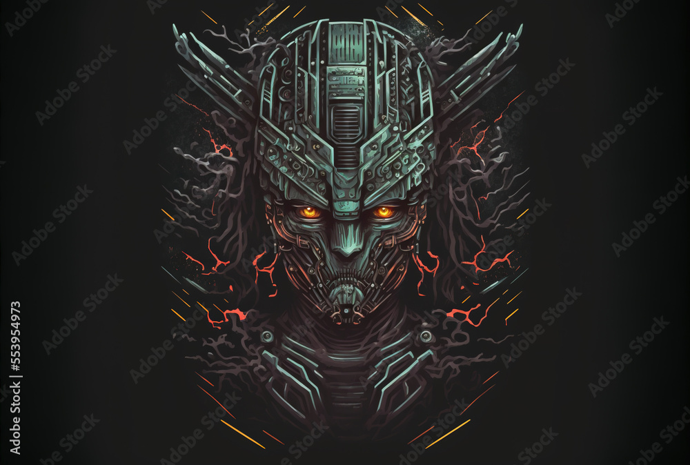 Illustration of a futuristic head mecha robot for t shirt printing and ...